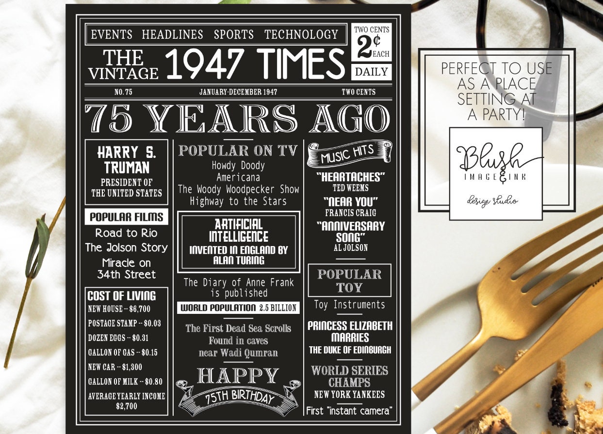 75th Birthday Poster 75 Years Ago Back in 1947 75th Birthday - Etsy