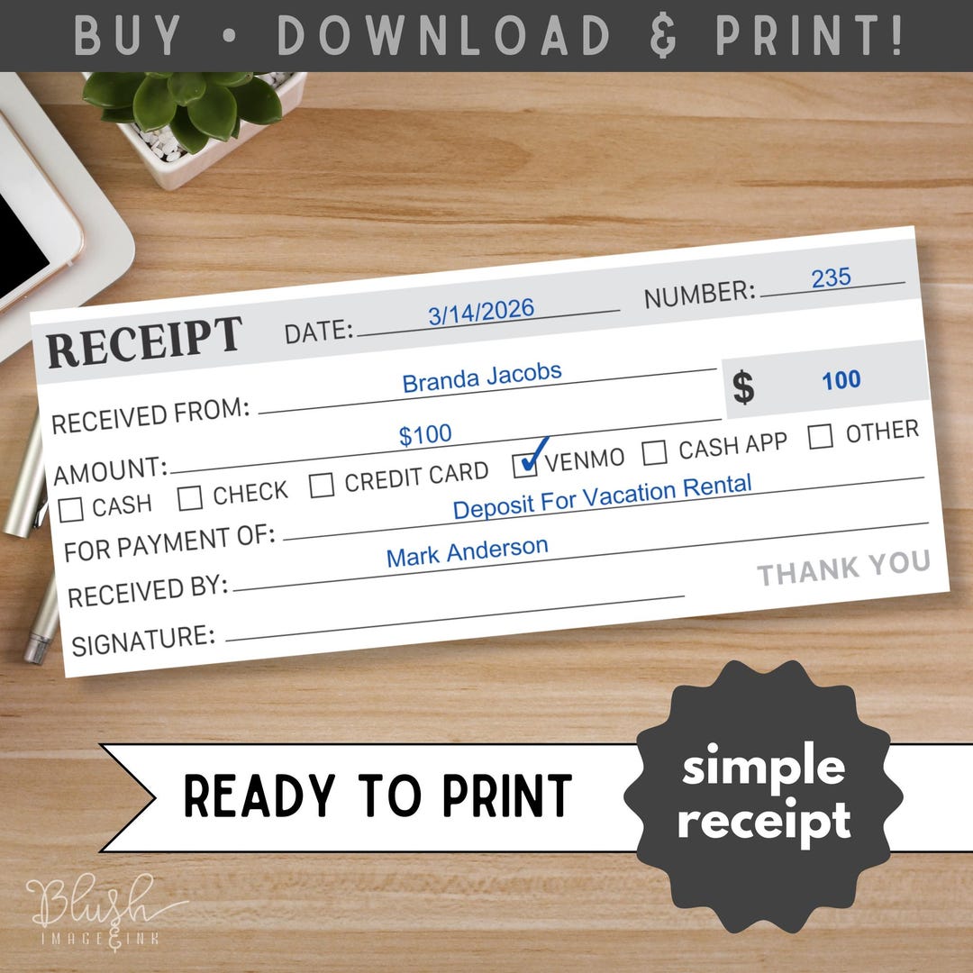Printable Receipt Template for Cash, Check, Card Payment Receipt PDF ...