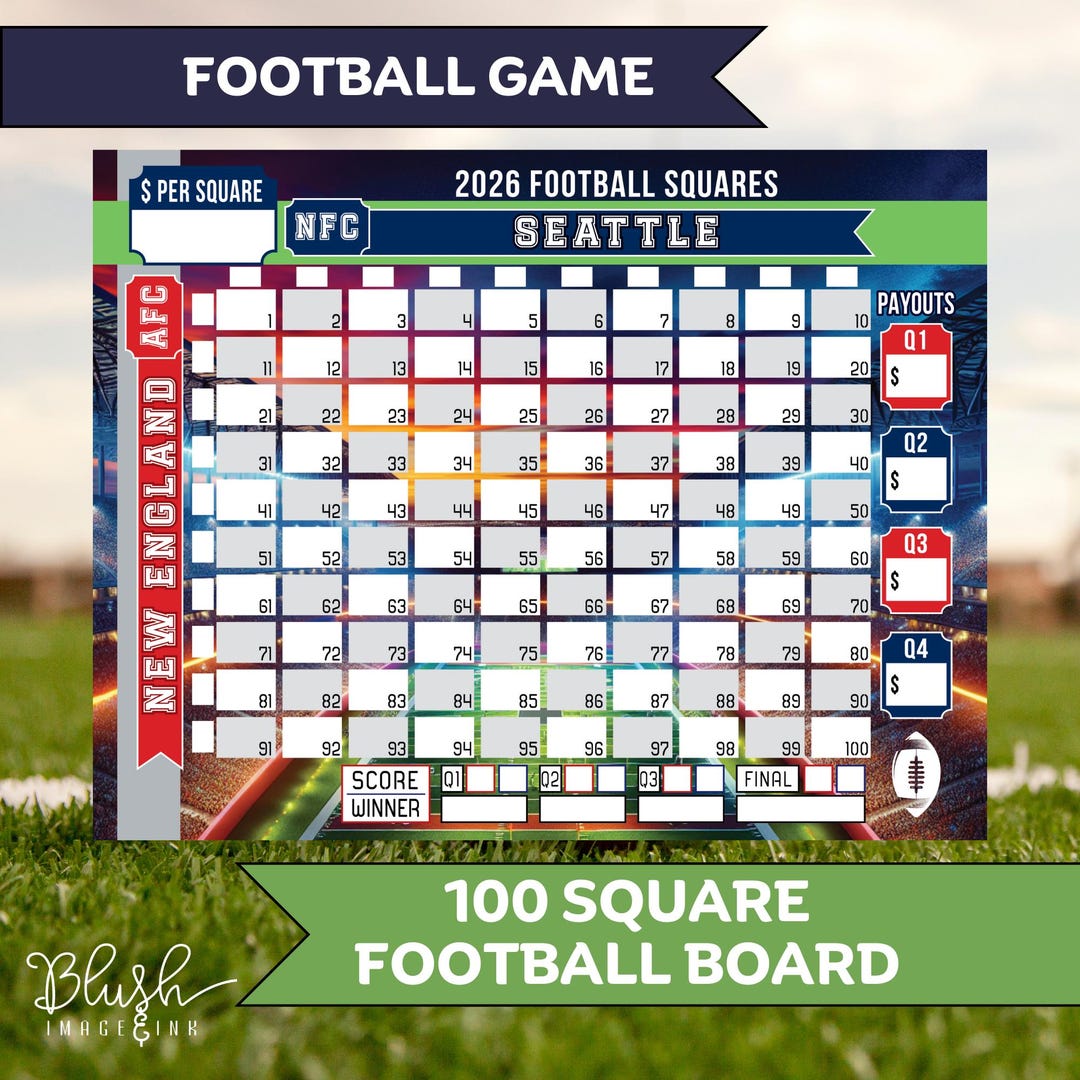 2026 100 Football Squares Printable Game Super Football Bowl Squares ...