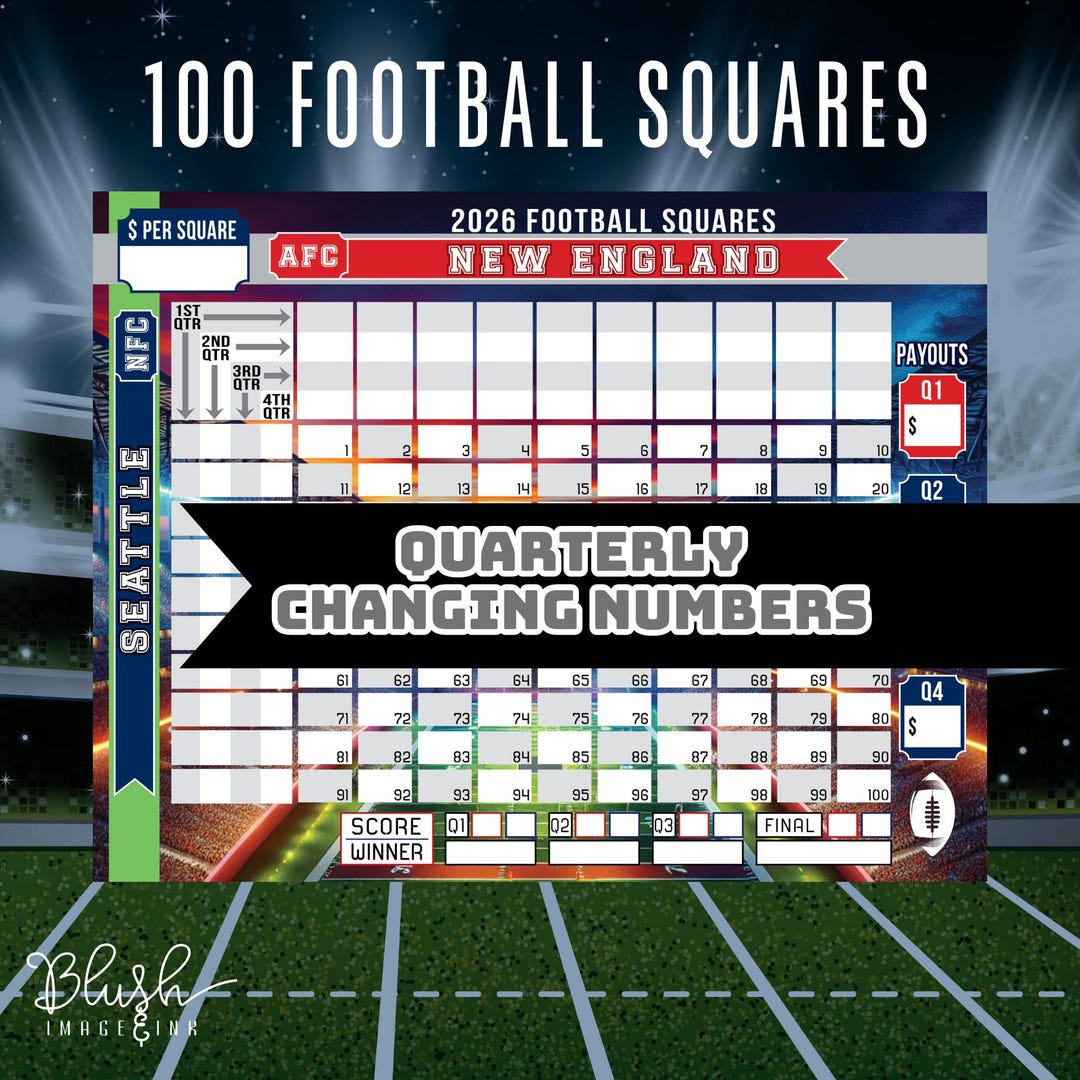 100 Square Football Squares by Quarter Printable Fillable Canva Link ...