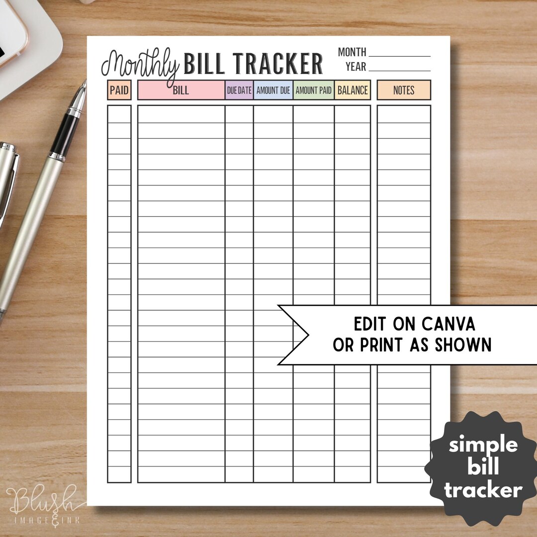 Simple Bill Tracker Printable Monthly Expense Log Minimalist Budget ...