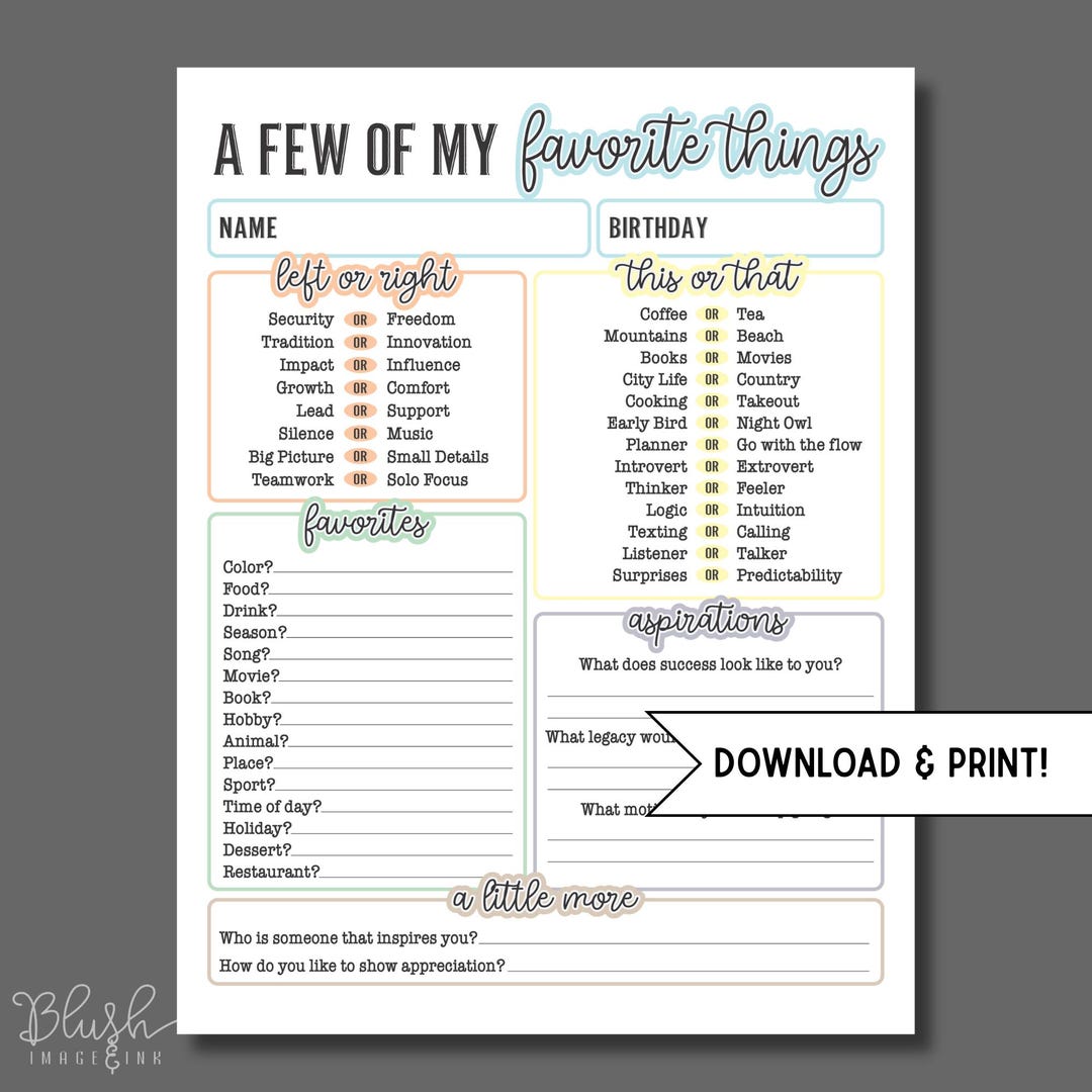 Printable “all About Me” Favorites Worksheet for Adults Self Discovery ...