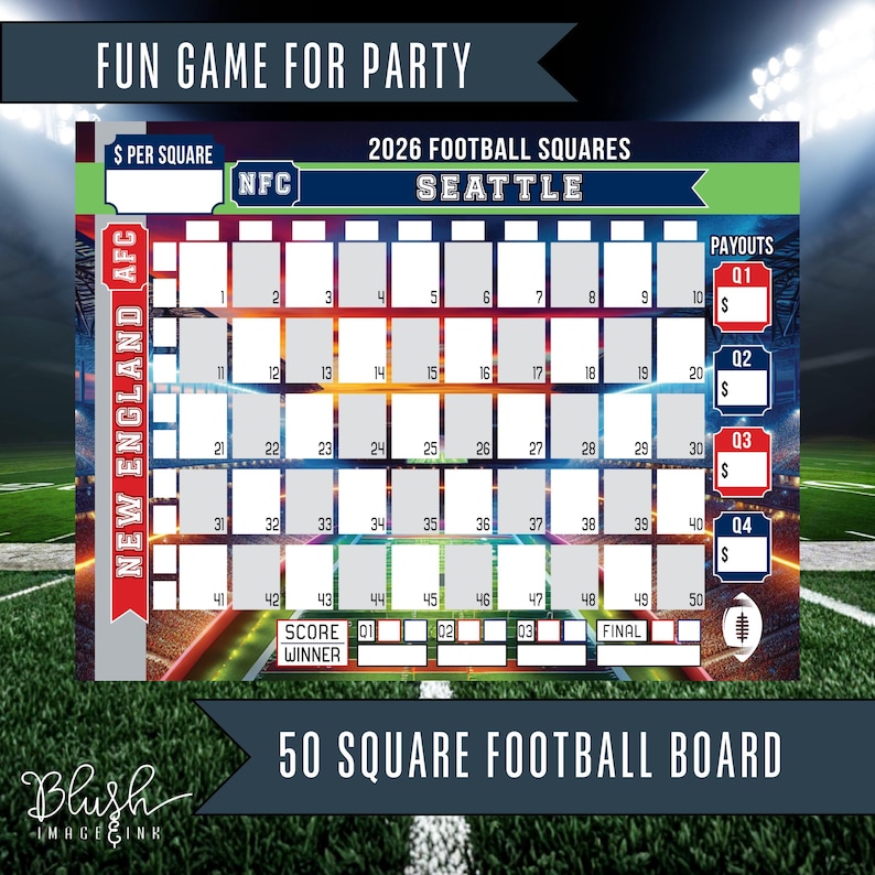 50 Football Squares GAME Day Printable 50 Super Football Bowl Squares ...