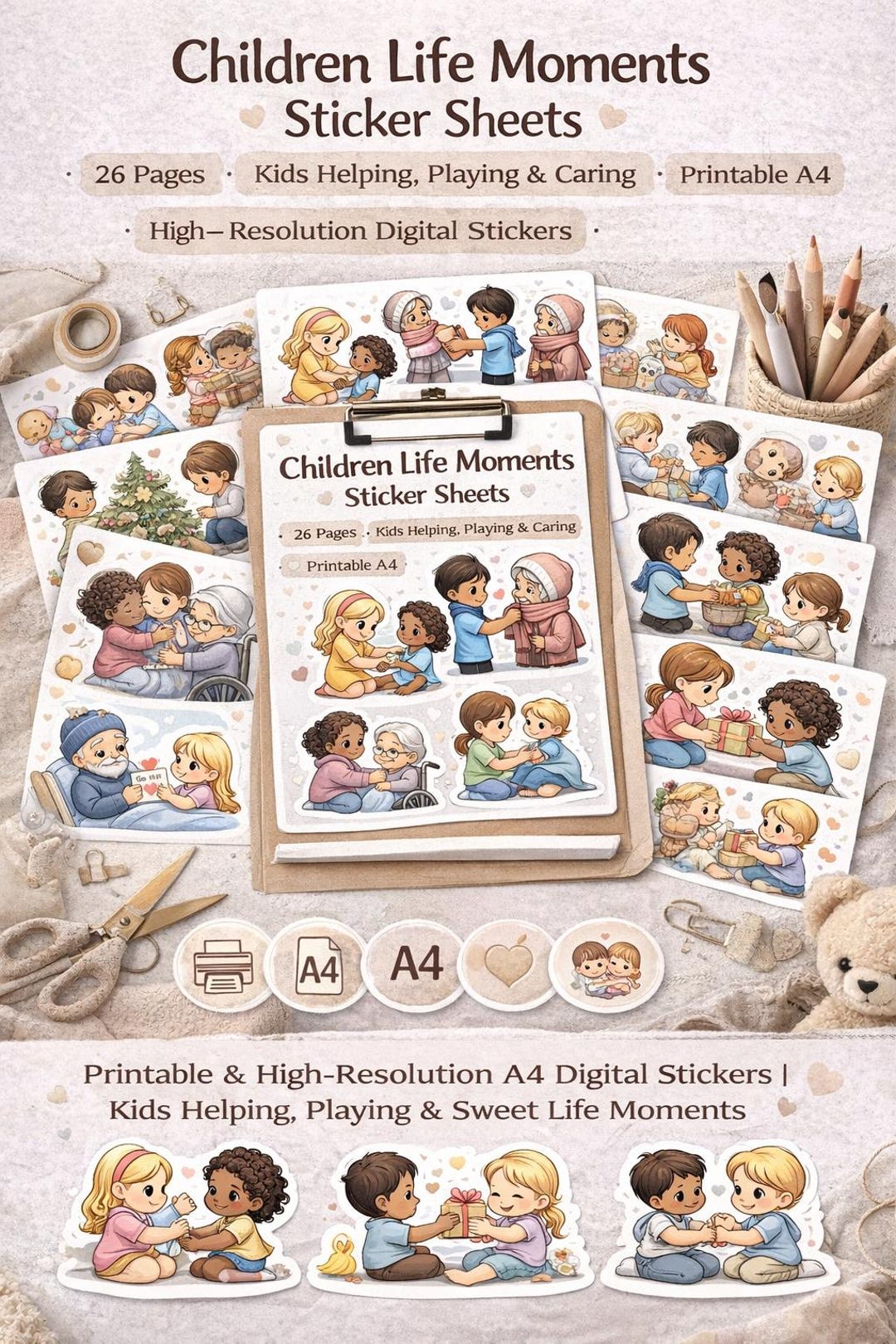 Kids Life Moments Stickers | Printable Children Playing, Caring (A4 ...
