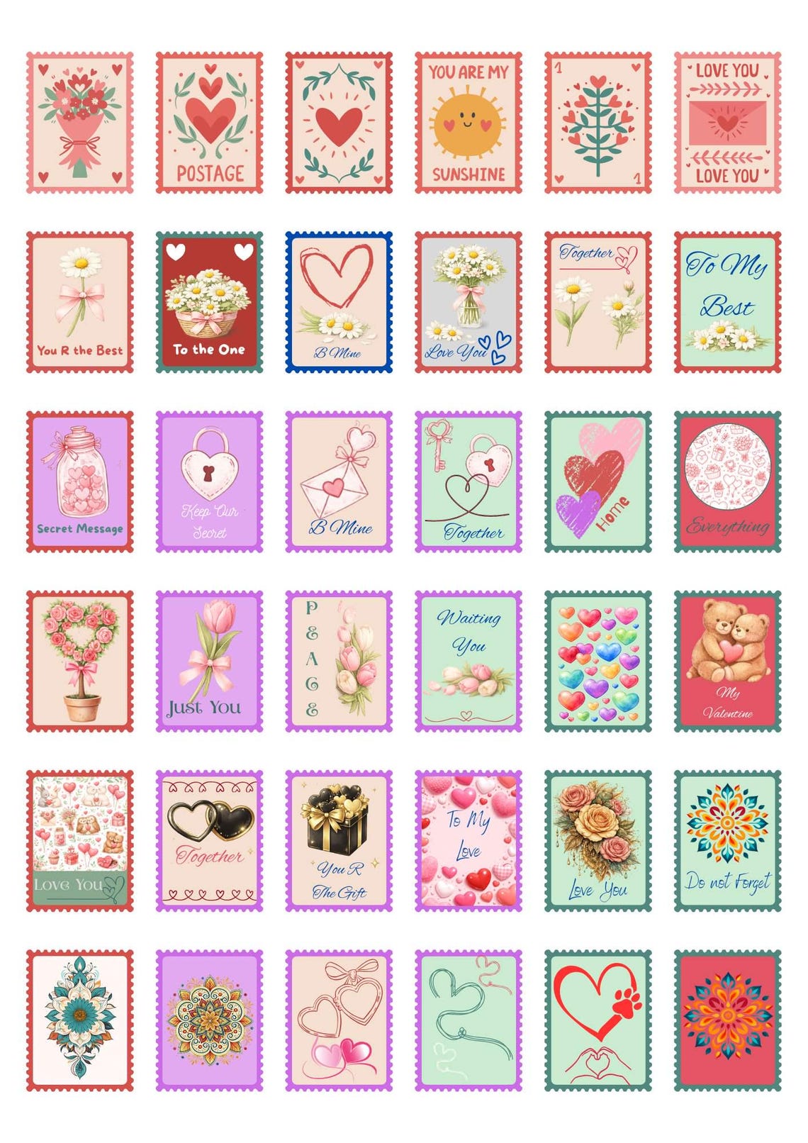 Valentine Digital Stamps – 36 Printable Love Designs (pdf, Png, Jpg ...