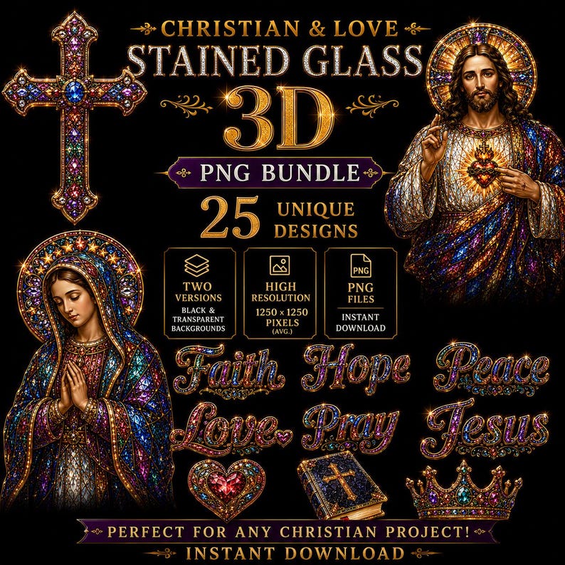 Christian Stained Glass 3D PNG Bundle, Jesus Cross Faith Love Art ...