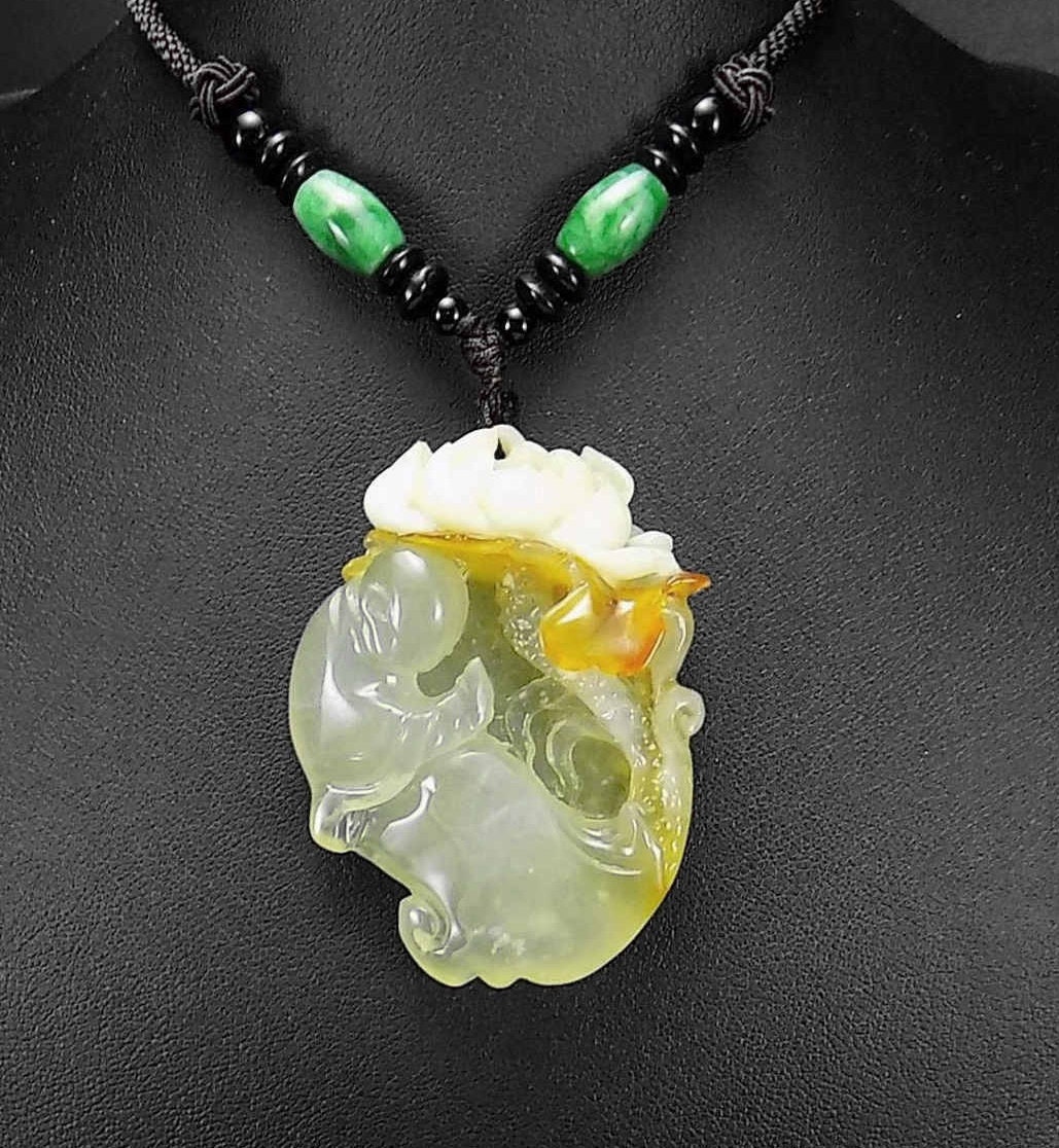 Carved Jade Monk and Lotus Flower Pendant Jadeite Necklace | Etsy