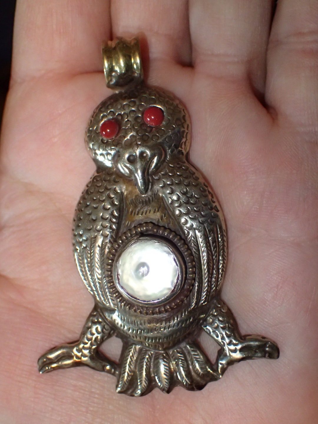 Repousse Tibetan Silver Pearl Bird Design Pendant Large - Etsy