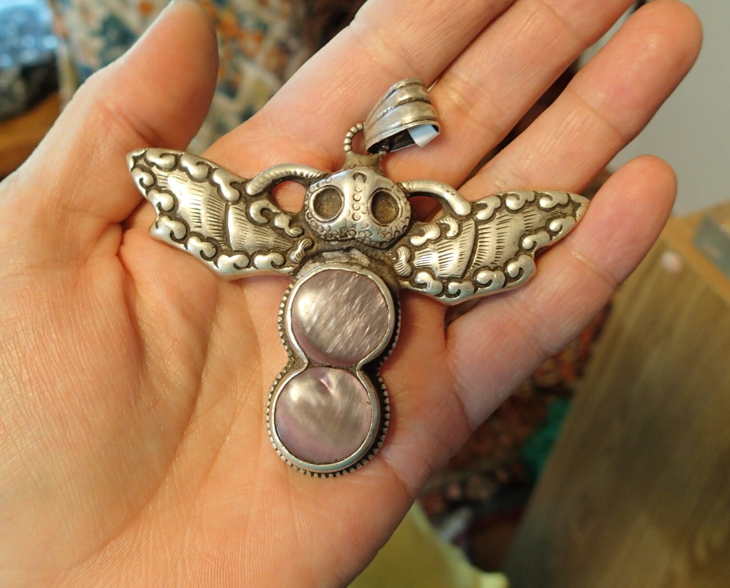 Large Moth With Mother of Pearl in Sterling Silver Pendant | Etsy