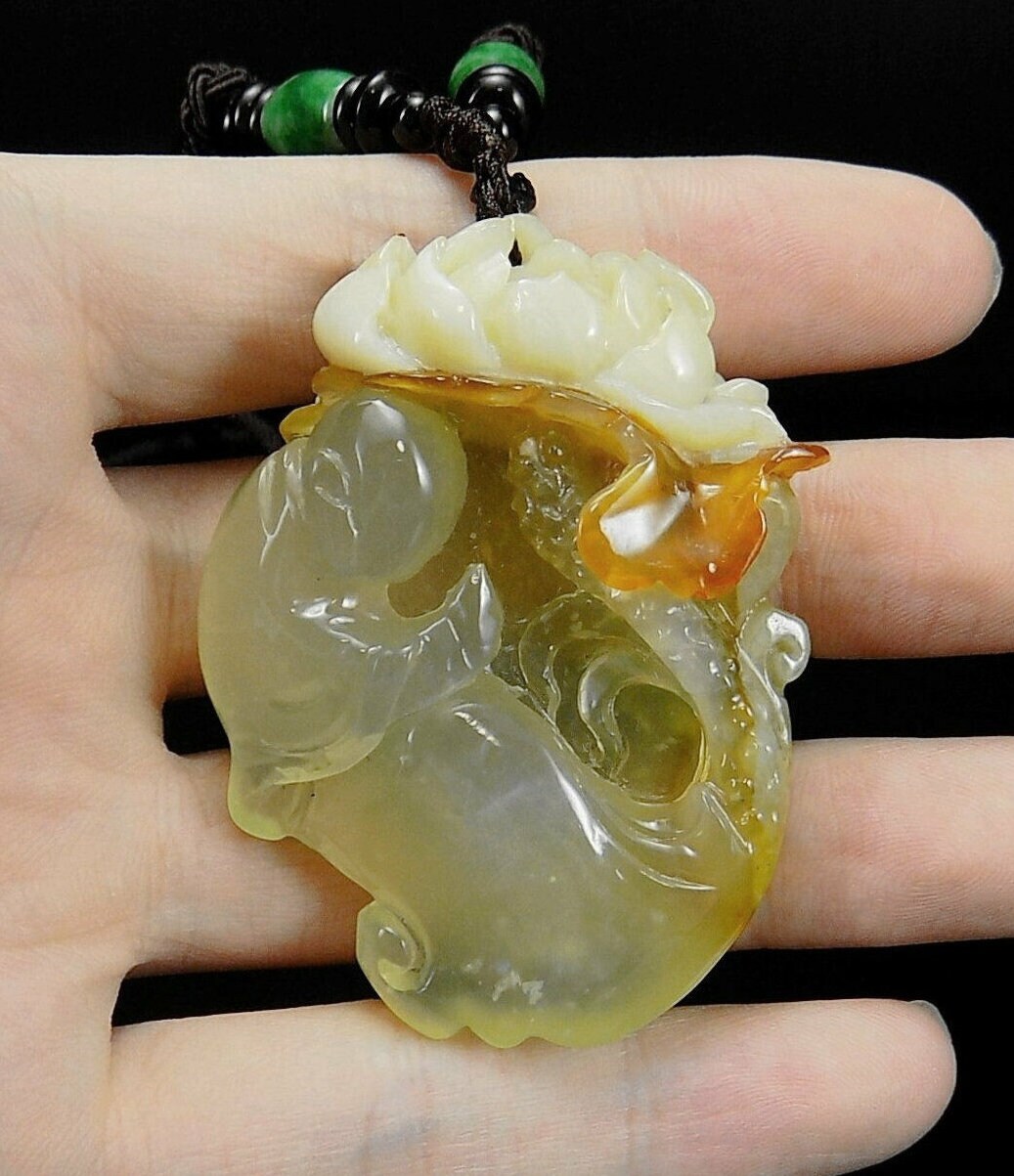 Carved Jade Monk and Lotus Flower Pendant Jadeite Necklace | Etsy