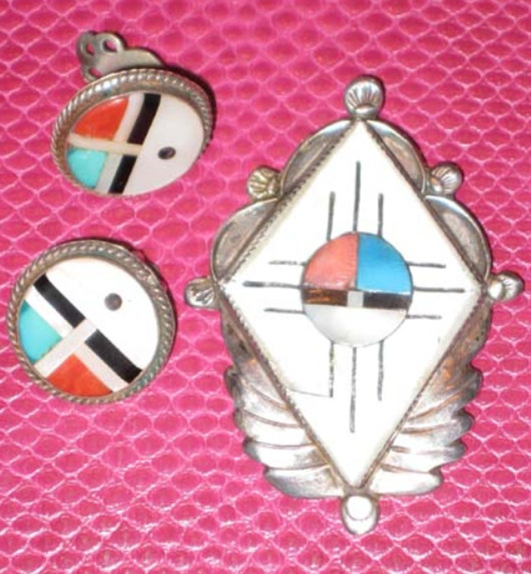 Native American Zuni Inlay Sun Face Pendant and Earring Set - Etsy
