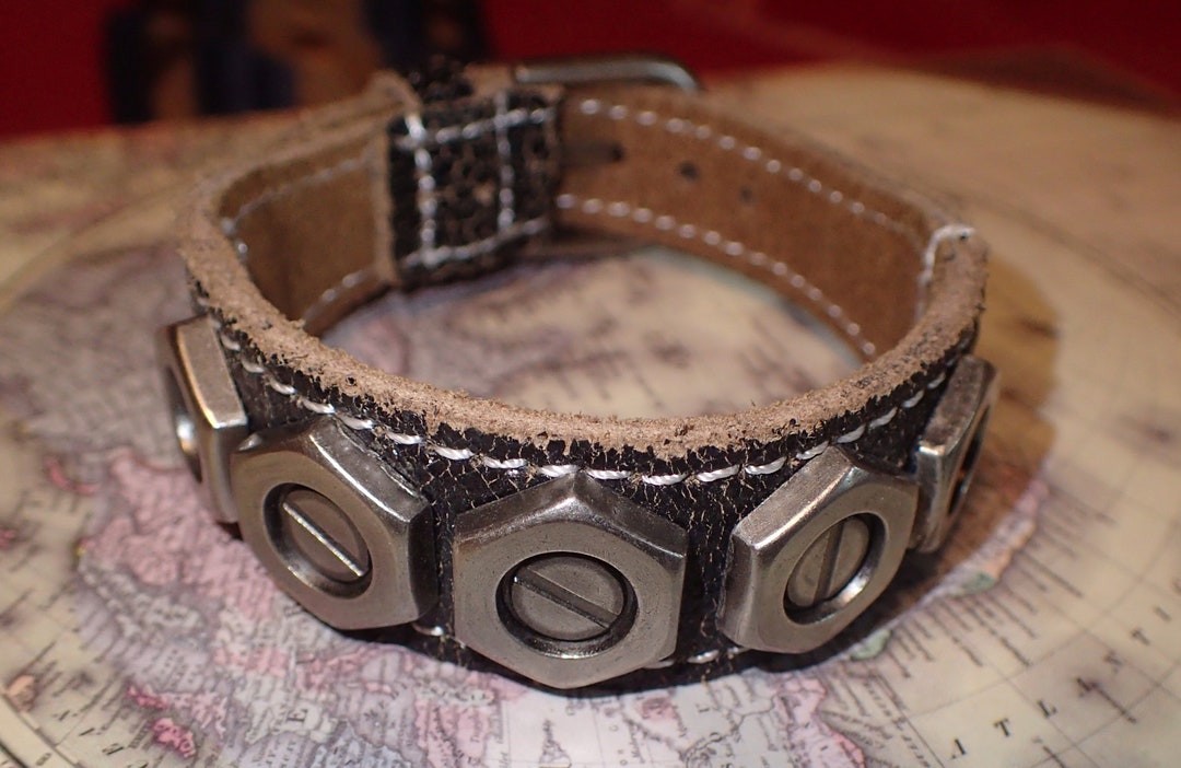 Leather Bolt and Screw Head Bracelet - Etsy