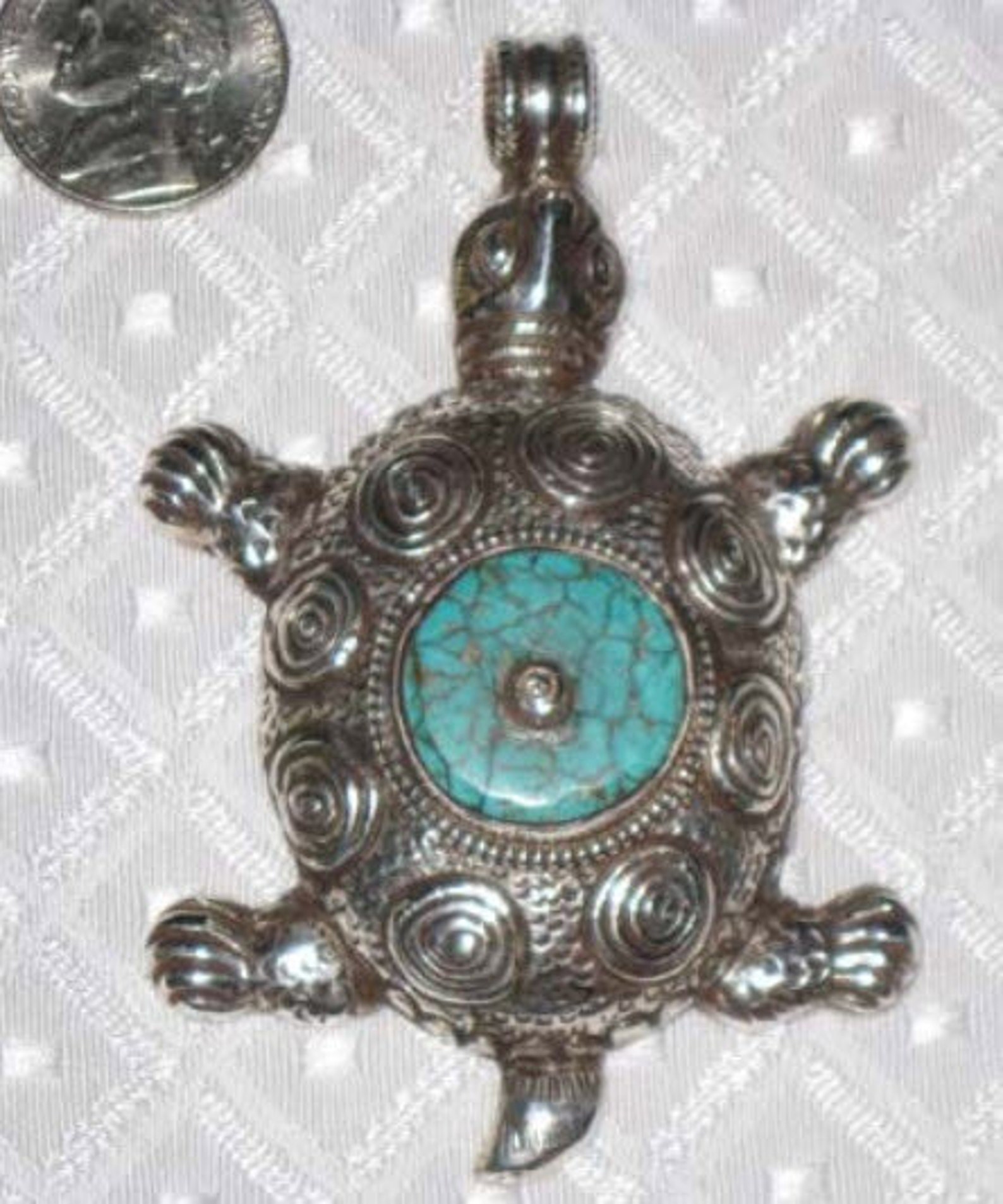 Ex Large Silver Turquoise Turtle Pendant with carved snake | Etsy