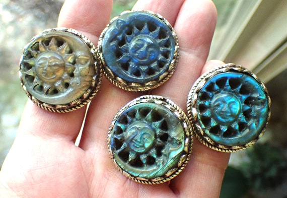 Crescent Moon and Sun Ring, Carved Labradorite stone … - Gem