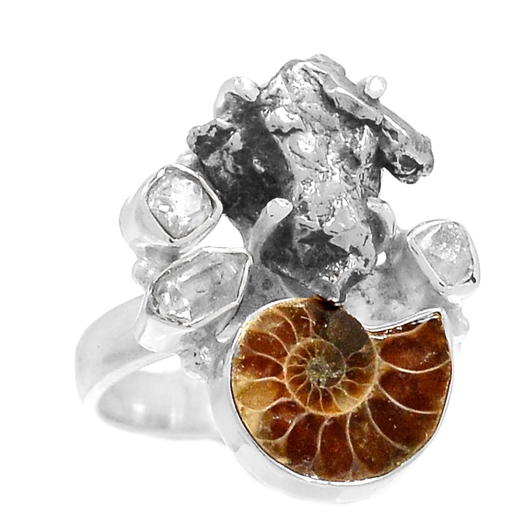 Meteorite Ammonite and Herkamer Diamond Sterling Silver Ring - Etsy