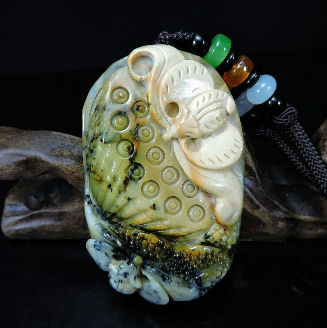 Jade Bat, Lotus and Coin Pendant Jadeite Necklace Natural Hand-carved ...
