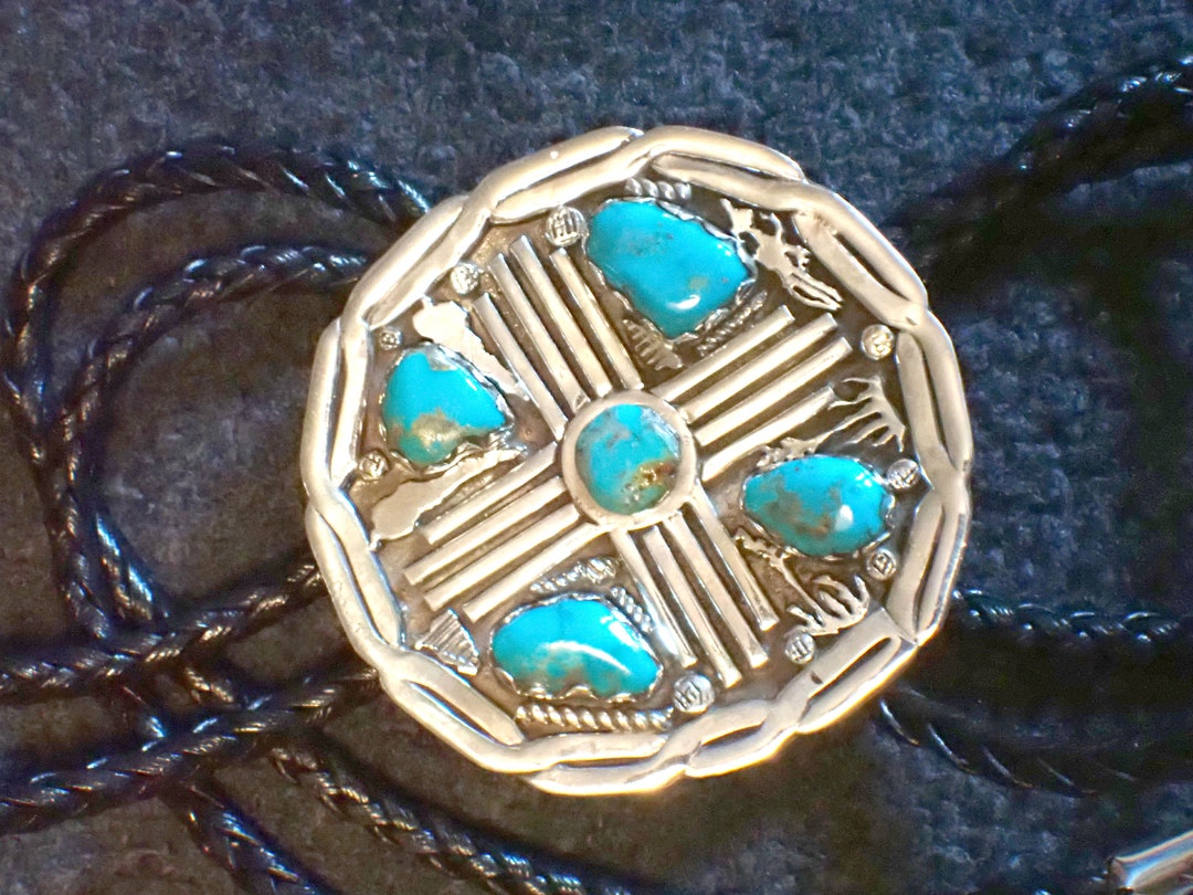 Native American Turquoise Zia Sun Symbol Bolo Tie in Sterling - Etsy
