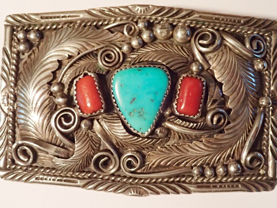 Turquoise Coral Sterling Silver Navajo Belt Buckle - Etsy