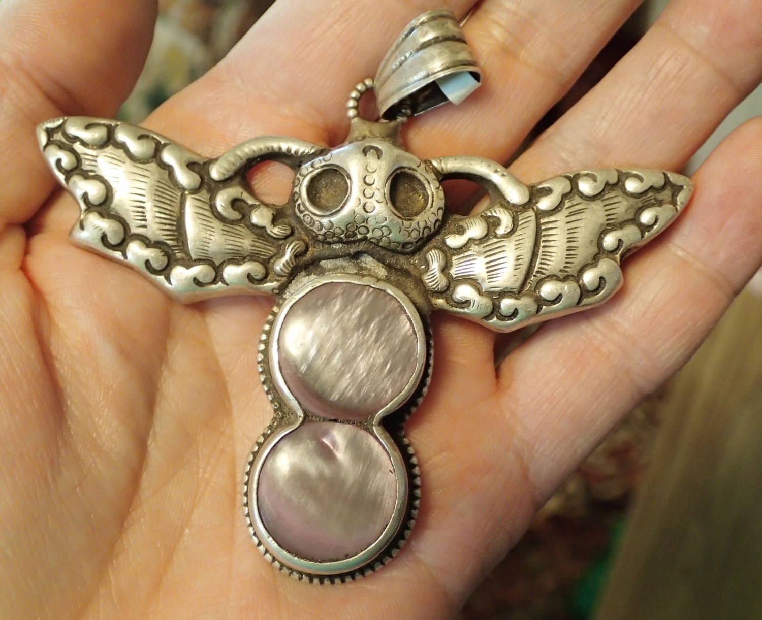 Large Moth With Mother of Pearl in Sterling Silver Pendant | Etsy
