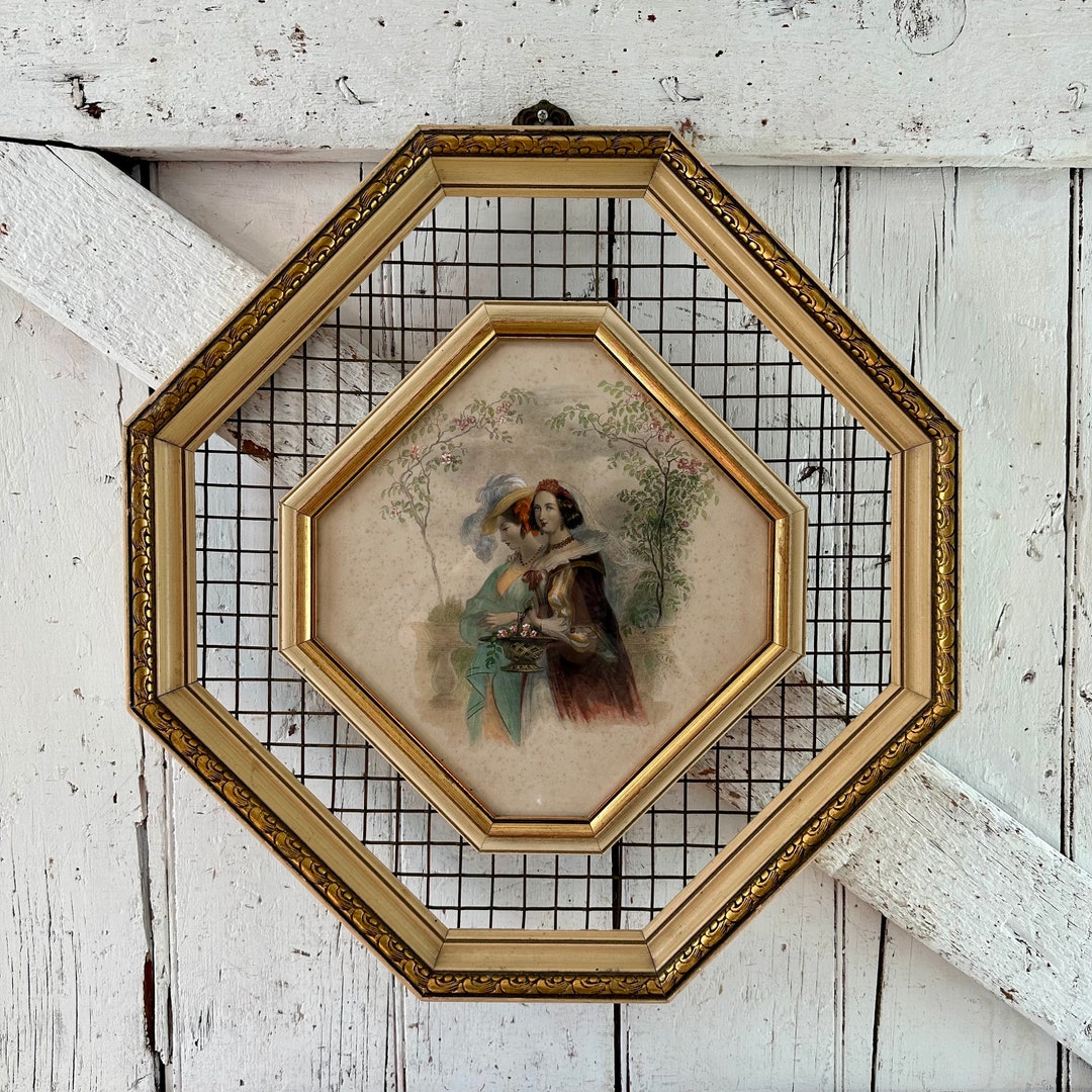 Octagon Shape Frame With Wood and Wire Hand Colored Print Vintage ...