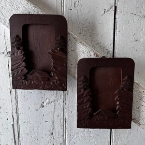 Antique Frame Folk Art Hand Carved Cabin Trees Picture Frame Pair of ...