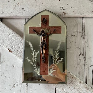 Antique Mirror With Copper Crucifix Cross Beveled Mirror Wheat Etching ...