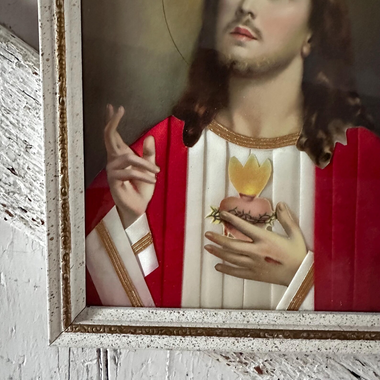 Framed Sacred Heart Christ Satin Fabric Robe Vintage Religious Home ...