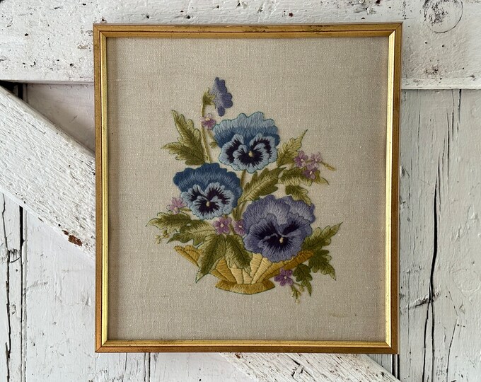 Embroidered Crewel Pansy Flowers Framed in Wood Gold Frame Vintage - Etsy