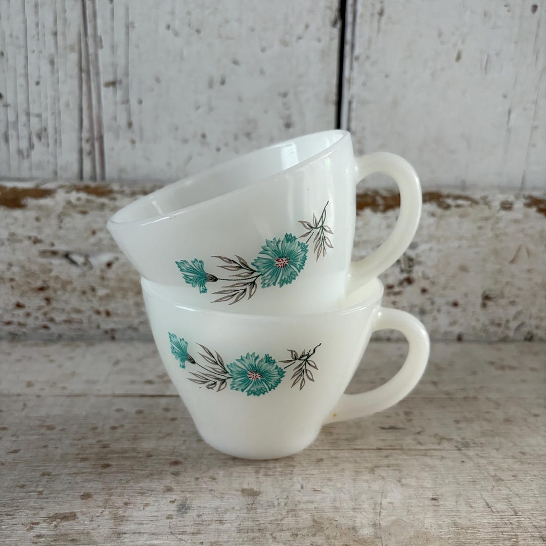 Tea Cup Pair Fire King White Milk Glass Blue Boutonniere Bonnie Blue ...