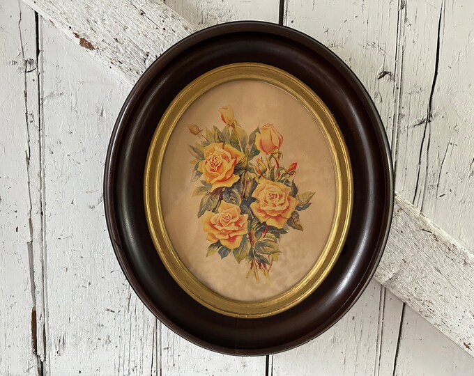 Antique Oval Frame Wood Frame With Original Glass Floral Print Vintage ...