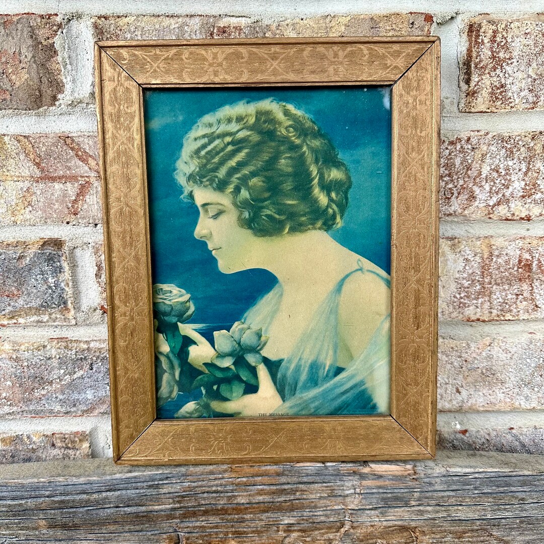 Antique Gold Wood Frame Litho Print the Message Girl With Roses 8 X 6 ...