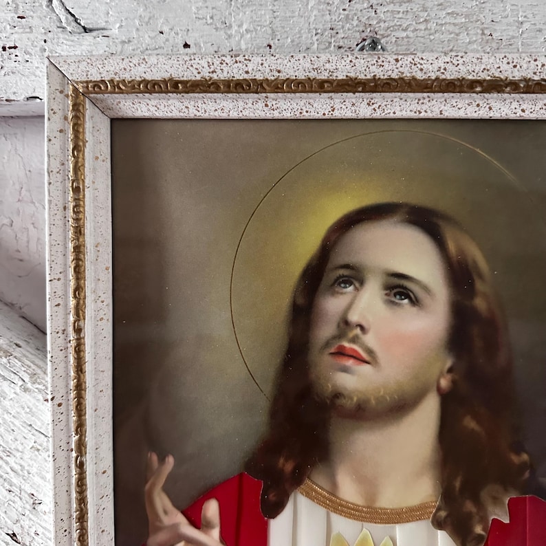 Framed Sacred Heart Christ Satin Fabric Robe Vintage Religious Home ...