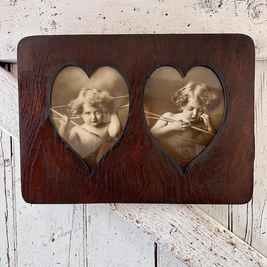 Antique Heart Frame Cupid Asleep & Awake Original Sepia Litho MB ...