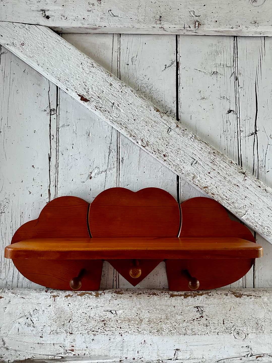 Wooden Shelf Heart Shaped Vintage Pine Wall Shelf With Hooks - Etsy