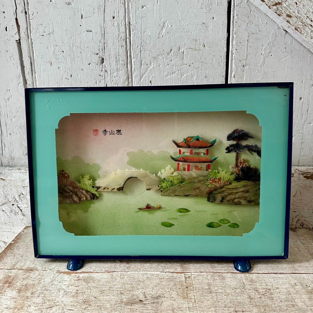 Asian Pearl Shell Carving Vintage Anshan China Blue Frame 3D Wall Art ...