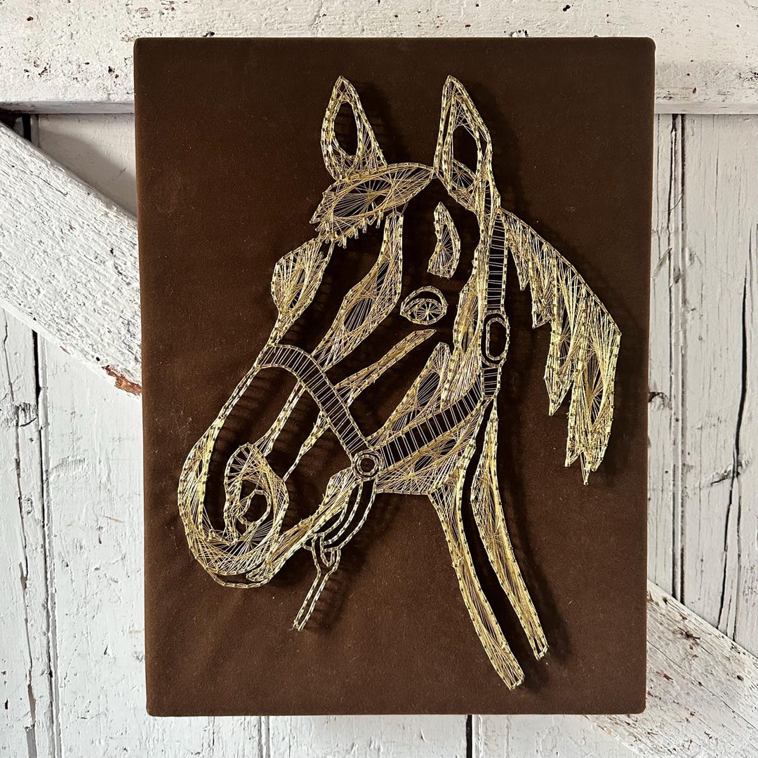 Horse Head String Art Vintage Handmade Gold String Nail Art 1970s Wall ...