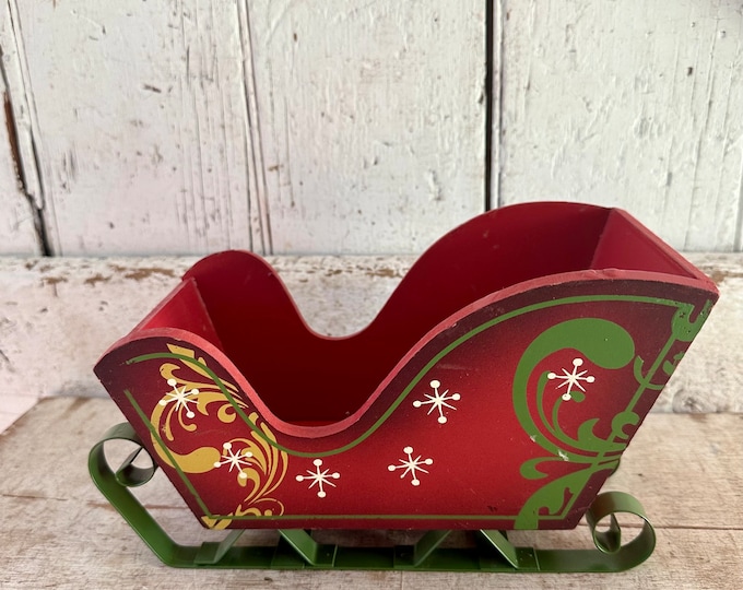 Wooden Sleigh Red Green Metal Runners Vintage Christmas Sleigh - Etsy