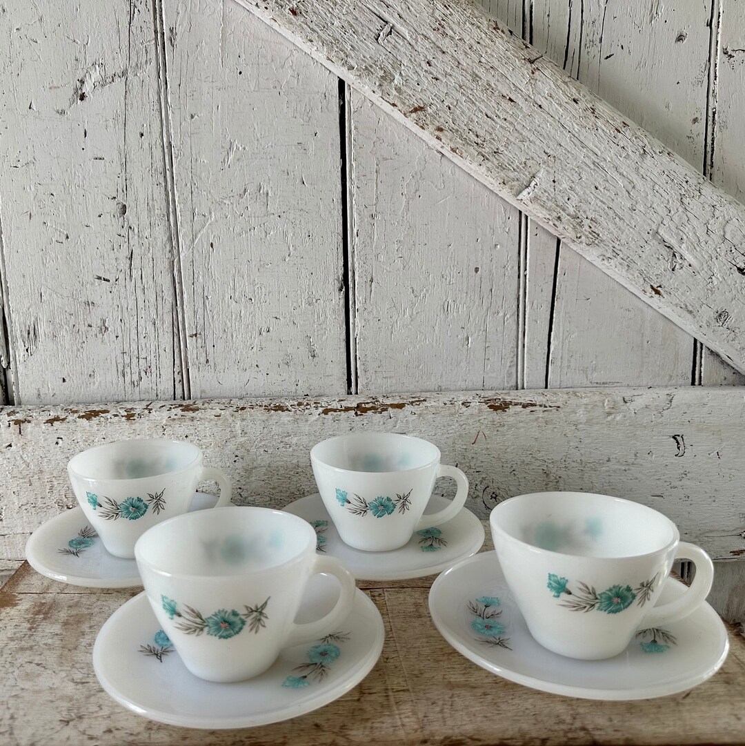 Tea Cup and Saucer Fire King White Milk Glass Blue Boutonniere Bonnie ...