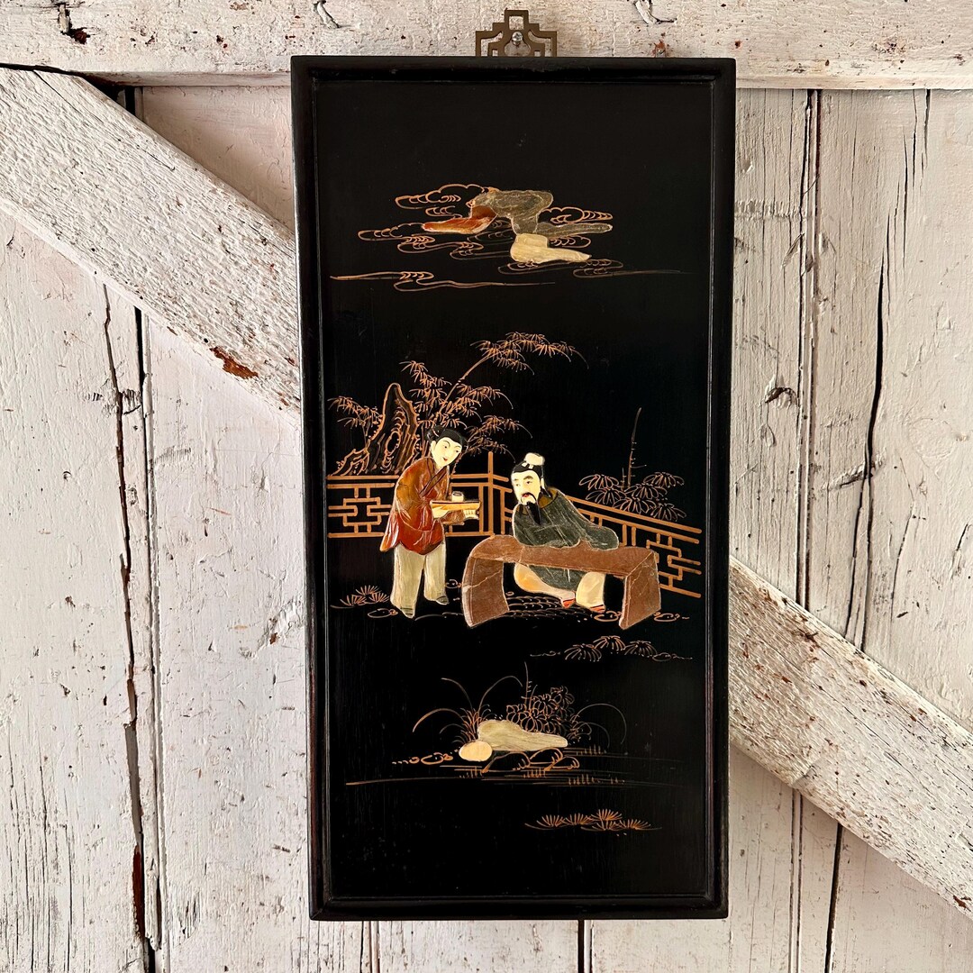 Asian Shell Lacquer Wood Panel Mother of Pearl Inlaid Wall Decor ...