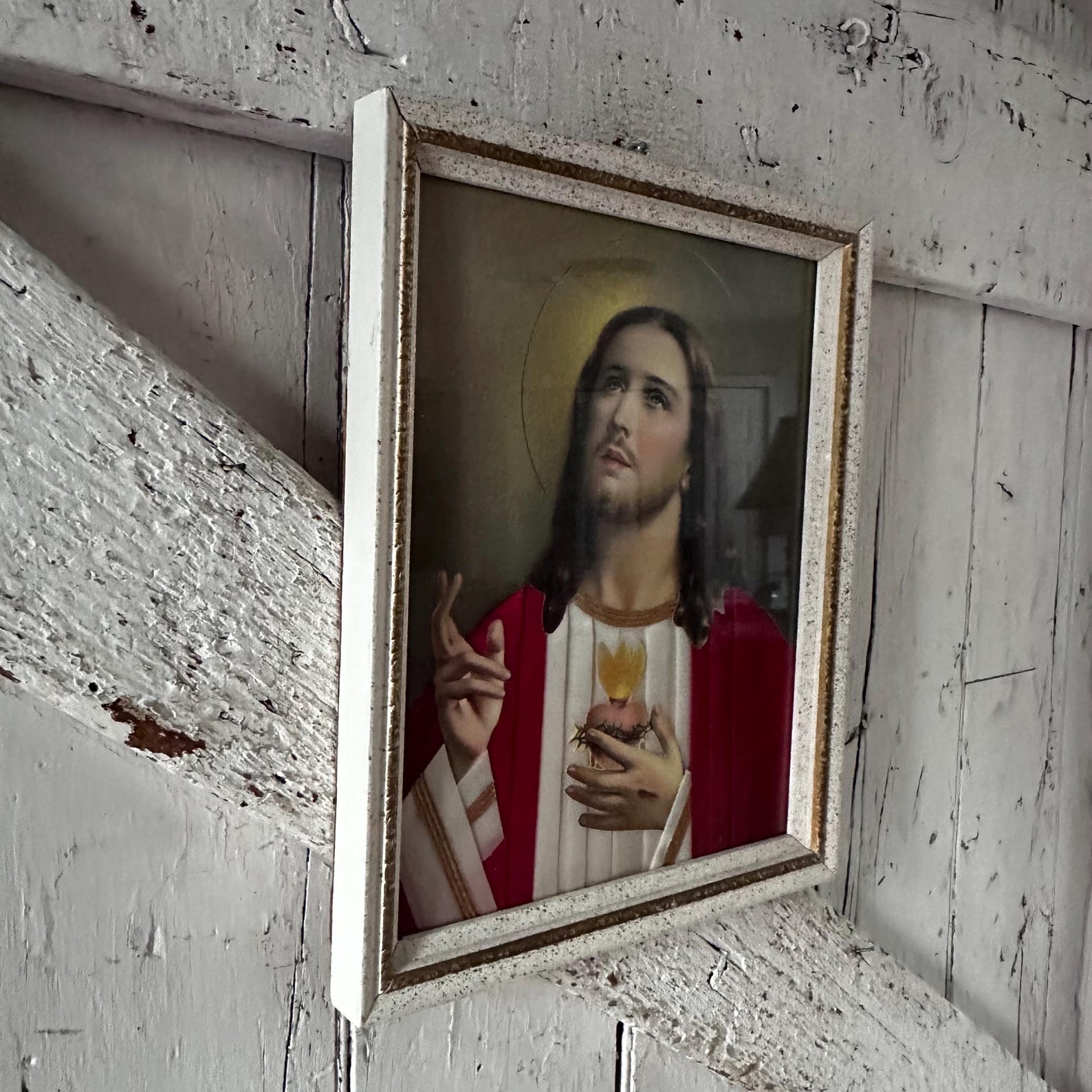 Framed Sacred Heart Christ Satin Fabric Robe Vintage Religious Home ...