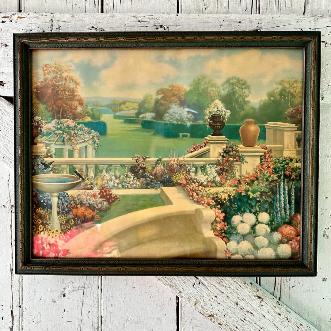 Antique Atkinson Fox Print Birdbath Gardens Blue Wood Frame Art Deco - Etsy