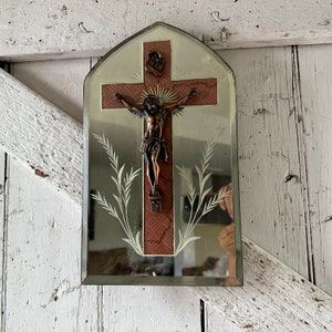 Antique Mirror With Copper Crucifix Cross Beveled Mirror Wheat Etching ...