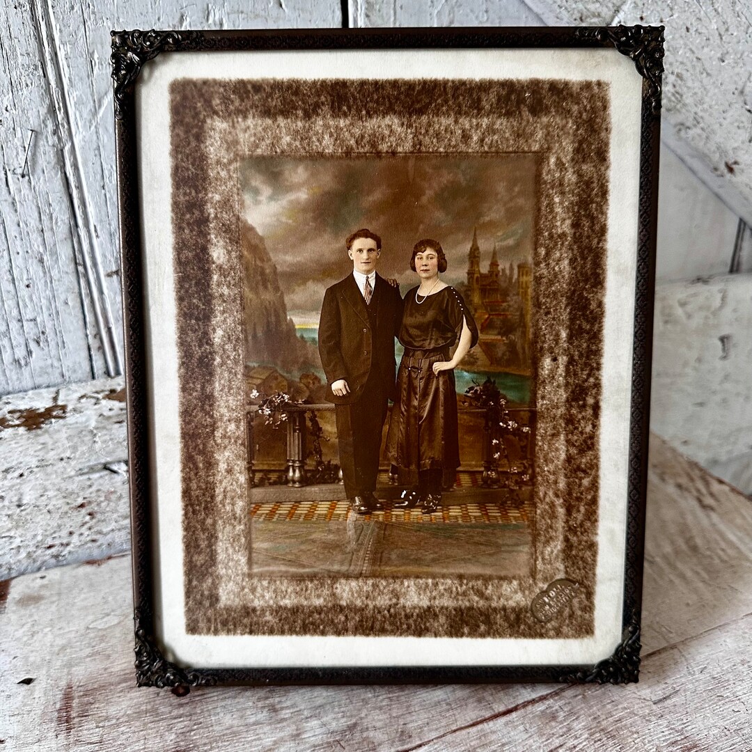 Antique Metal Frame 1920's Color Tinted Photo of a Couple 8 X 10 Inch ...