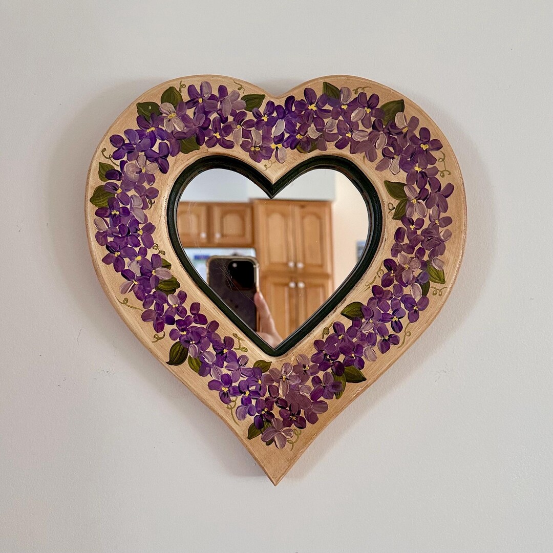 Heart Mirror Wood With Painted Purple Violets Vintage Mirror - Etsy