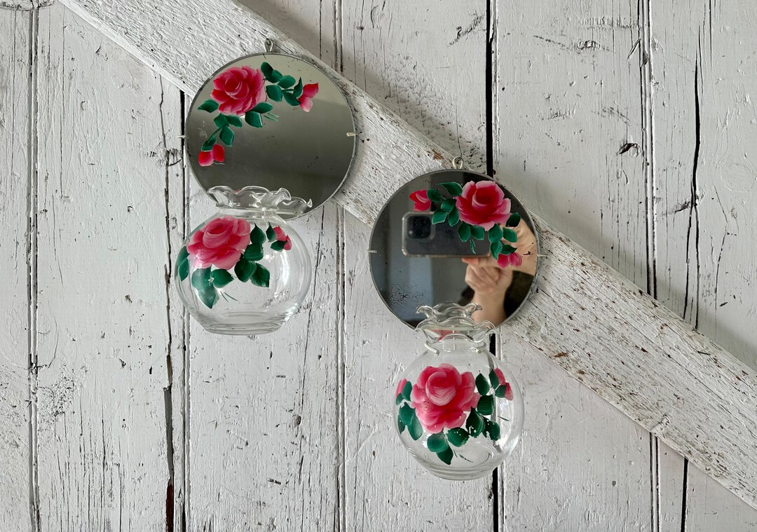 Pair of Round Wall Mirrors With Hand Painted Roses Glass Vases Cottage ...