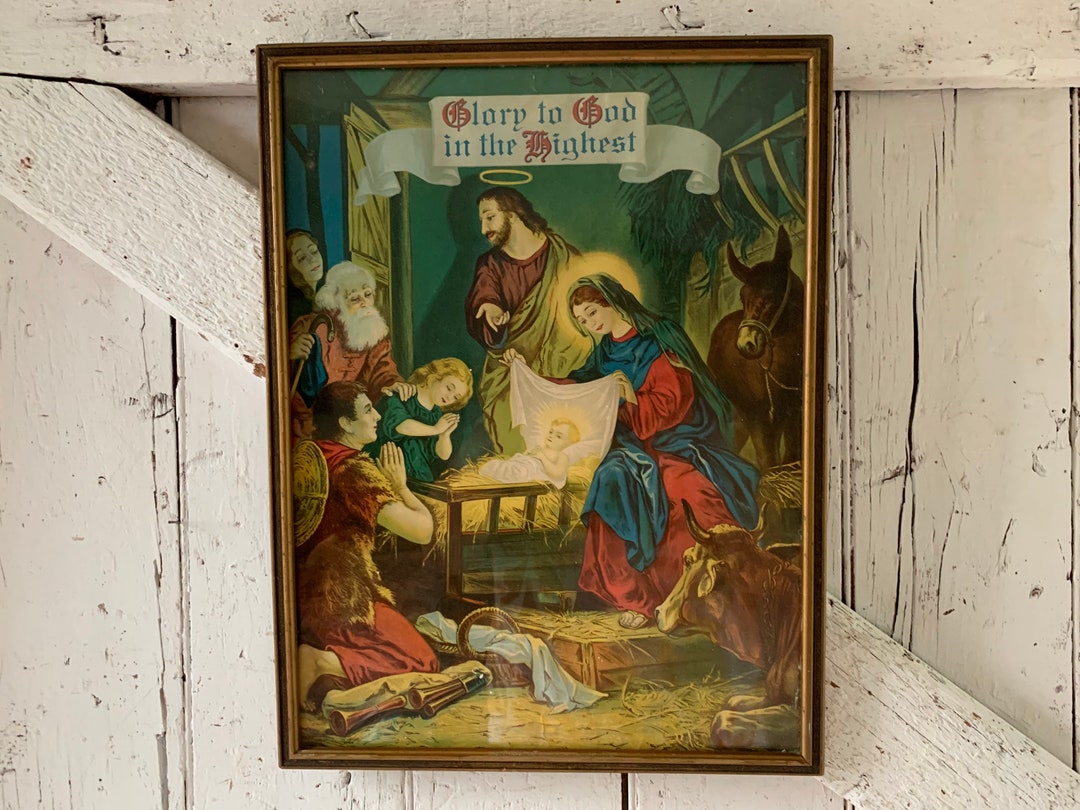 Antique Framed Nativity Picture of Holy Family Religious Art Glory to ...