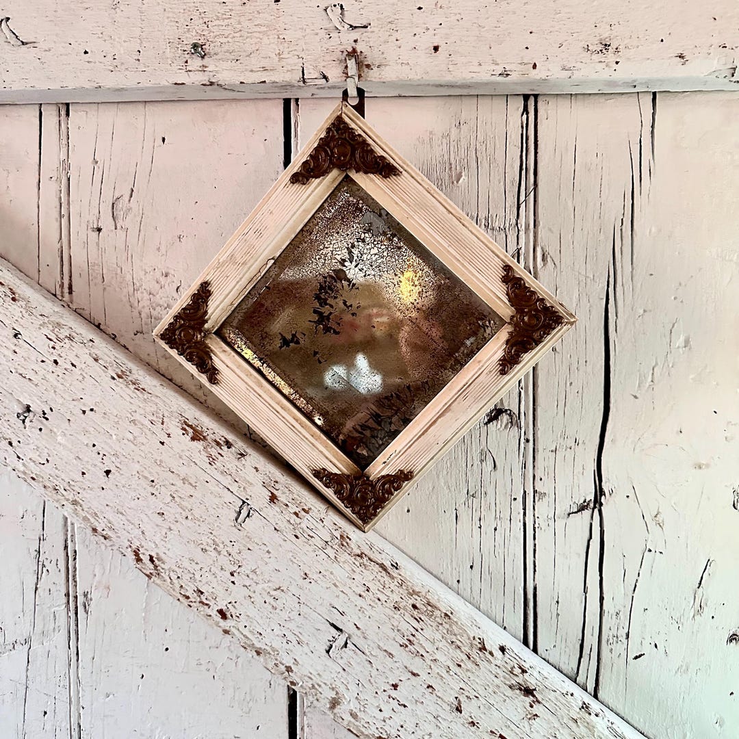 Antique Mirror Beveled With Foxing Wood White Frame Ornate Gold Corners ...