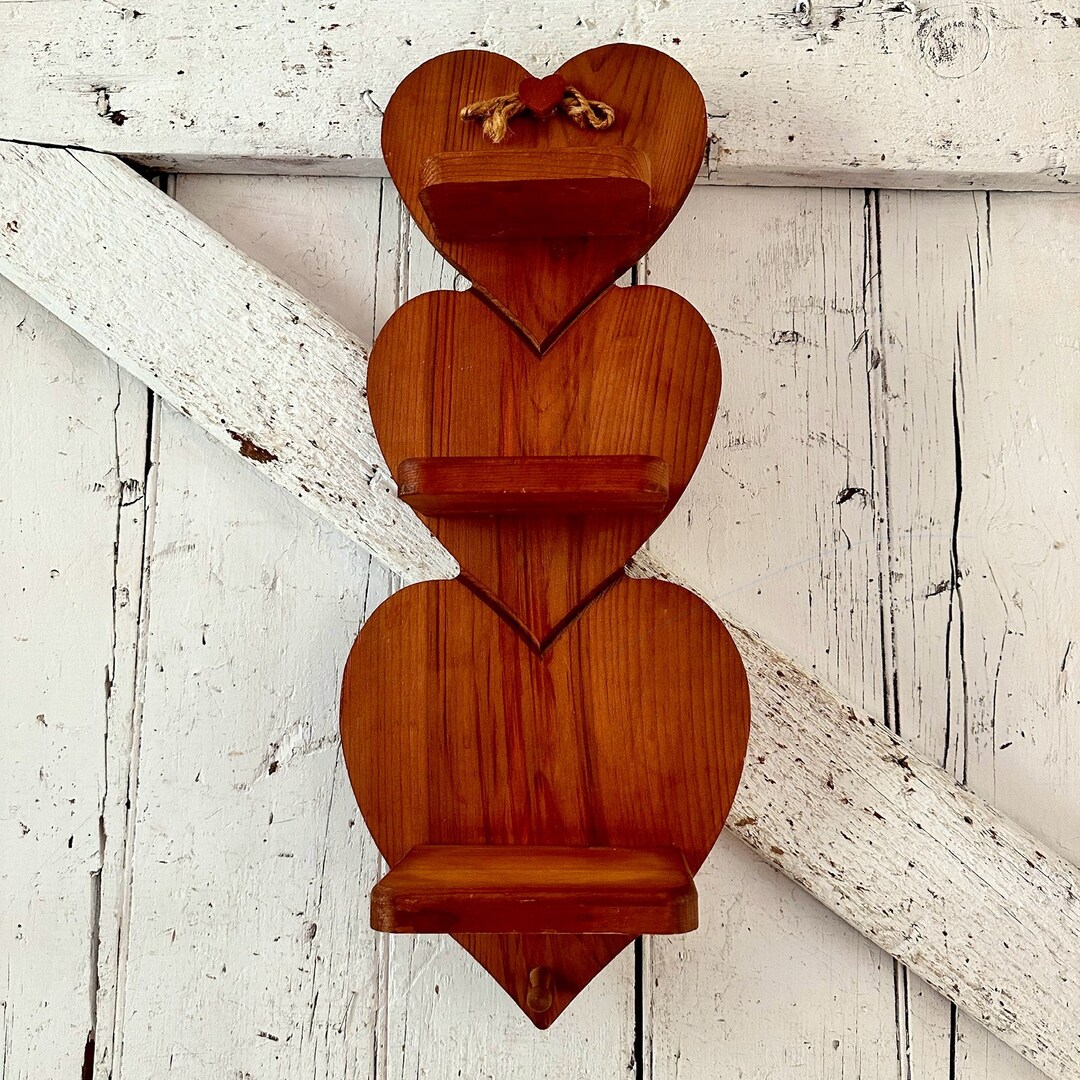 Wooden Shelf Heart Shaped Vintage Wall Shelf With Hook 1980s Pine Shelf ...