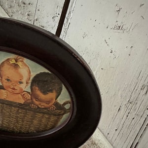 Antique Oval Frame Brown Metal Small Size Frame Print Babies in a ...