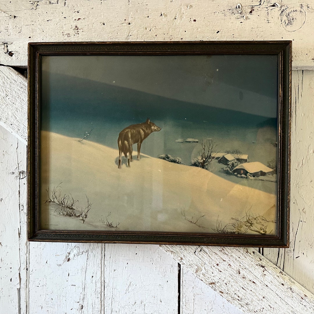 Lone Wolf Lithograph Original Blue Gold Wood Frame Vintage Victor ...